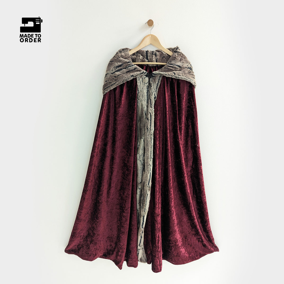 Faux Fox Fur Trimmed Hooded Cloak - Burgundy Cloak with Beige/Pewter F ...